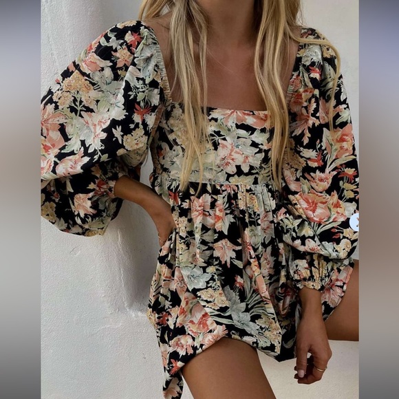 Posse | Dresses | Posse Sadie Black Floral Puff Sleeve Mini Dress ...
